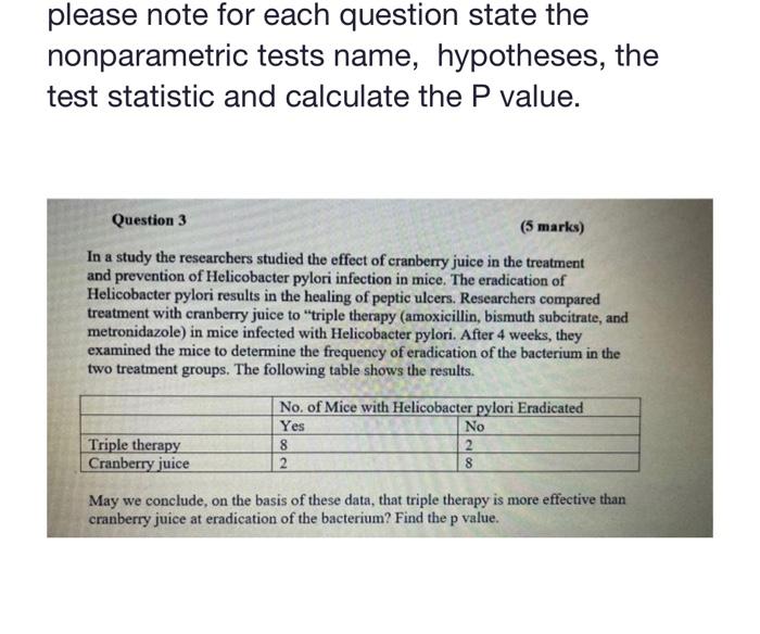 Solved please note for each question state the nonparametric | Chegg.com