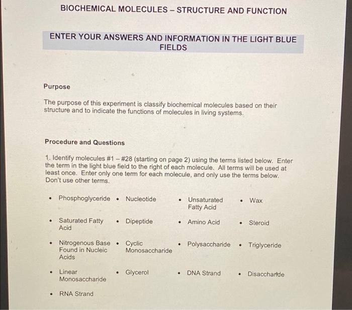 Solved BIOCHEMICAL MOLECULES - STRUCTURE AND FUNCTION ENTER | Chegg.com