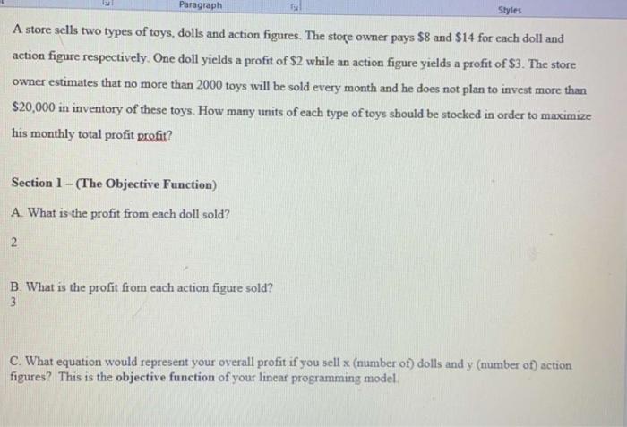 Solved Paragraph Styles A store sells two types of toys, | Chegg.com