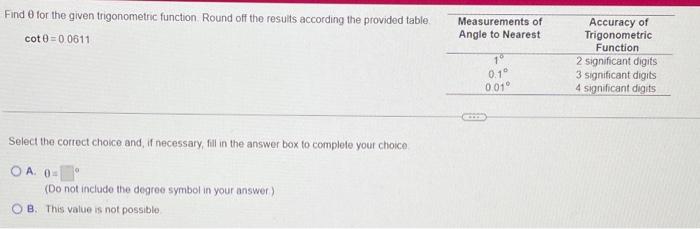 Solved Find θ for the given trigonometric function. Round | Chegg.com