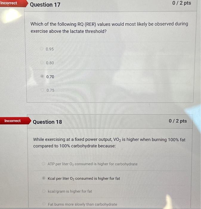 Solved Which of the following RQ (RER) values would most | Chegg.com