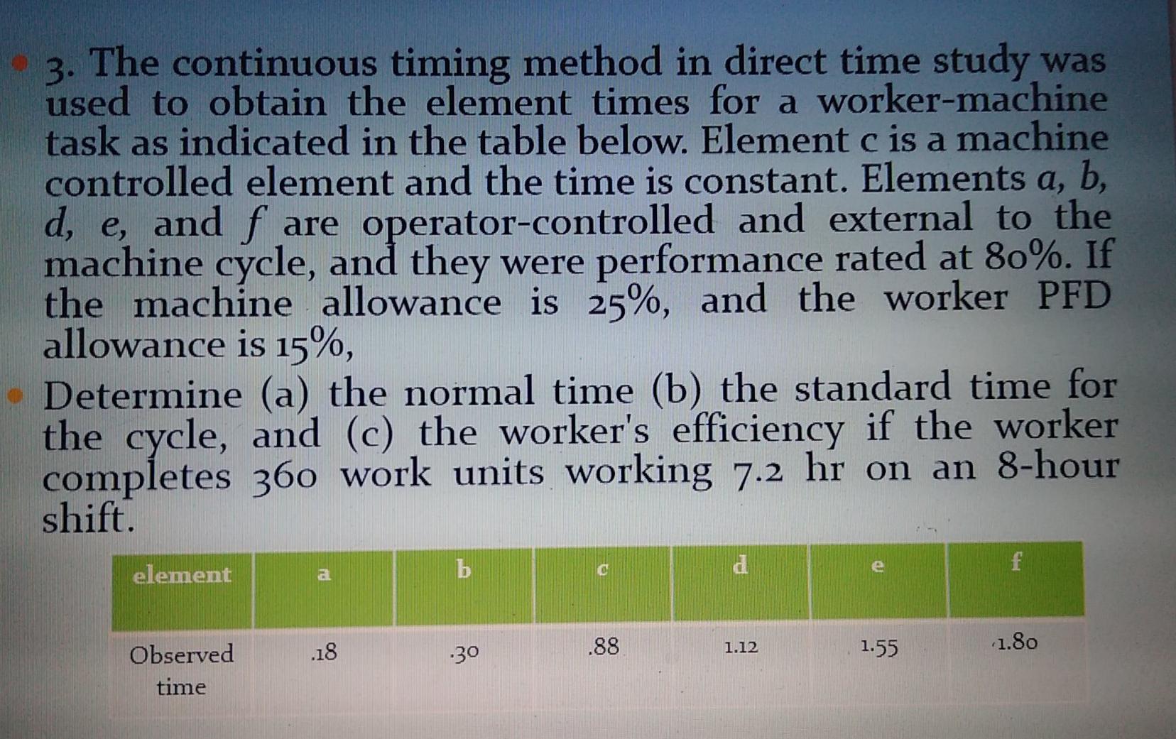 Solved 3. The continuous timing method in direct time study | Chegg.com