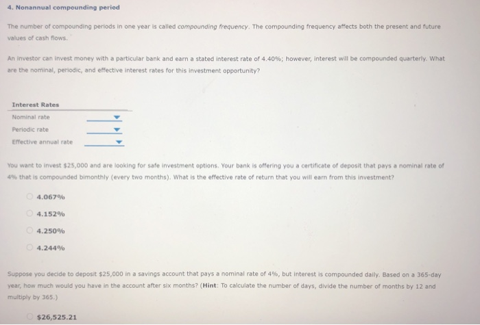 Solved 4. Nonannual compounding period The number of | Chegg.com