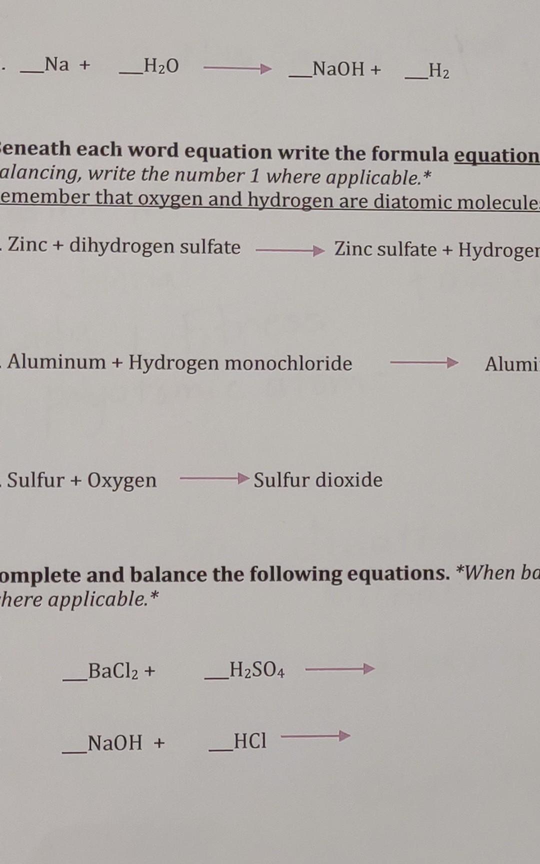 Solved −Na+−H2O −NaOH+−H2 eneath each word equation write | Chegg.com