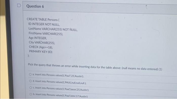 Solved CREATE TABLE Persons ( ID INTEGER NOT NULL, LastName | Chegg.com