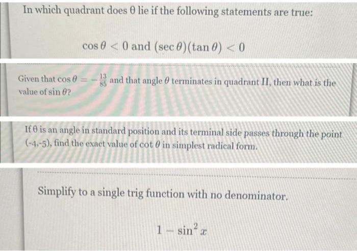 Solved In which quadrant does lie if the following | Chegg.com