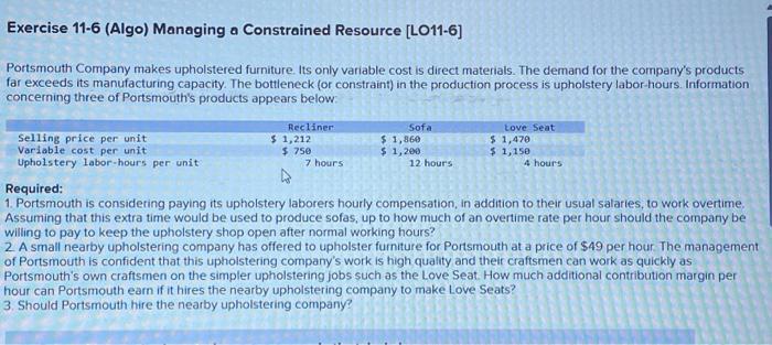 Solved Exercise 11-6 (Algo) Managing a Constrained Resource | Chegg.com Solved Exercise 11-6 (Algo) Managing a Constrained Resource | Chegg.com