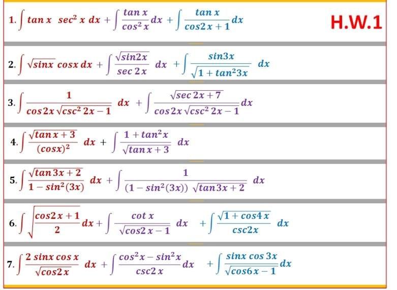 Solved tan x 1. tanx secº x dx + S tan x - dx + cos2x dx | Chegg.com