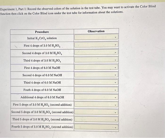 Experiment 1, Part 1: Record the observed colors of | Chegg.com