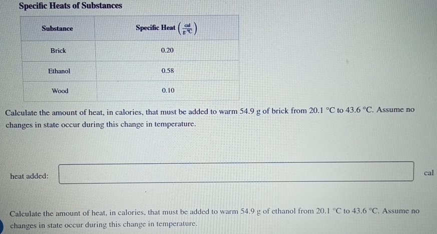 Solved Specific Heats of | Chegg.com