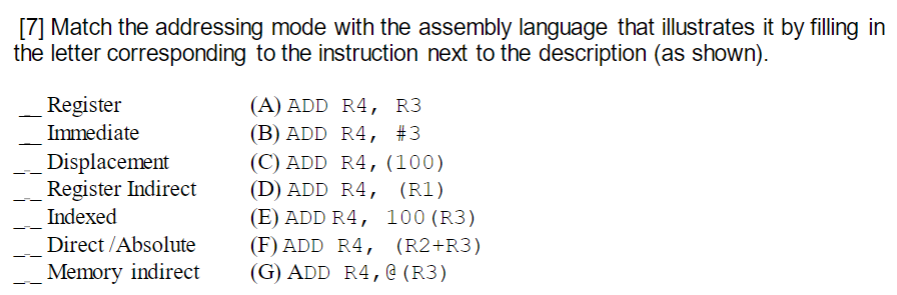 Solved [7] ﻿Match the addressing mode with the assembly | Chegg.com