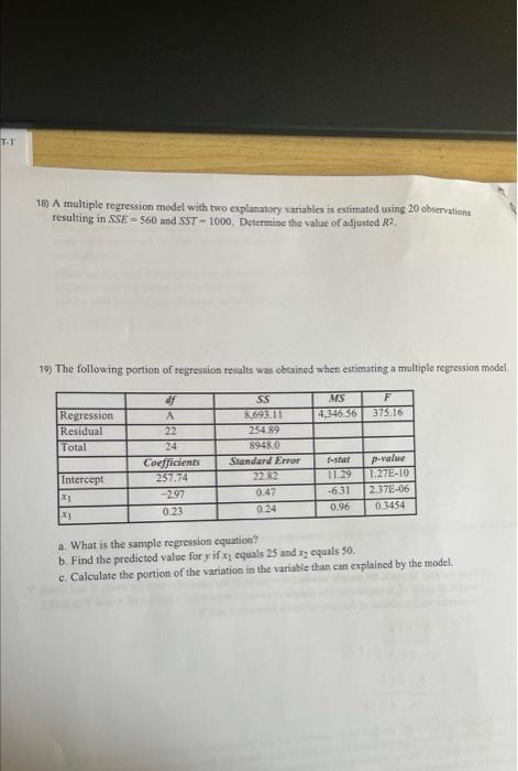 Solved 18) A multiple regression model with two explanatory | Chegg.com