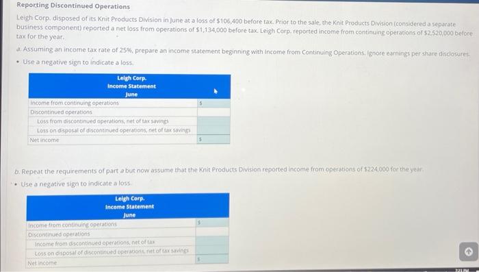 Solved Reporting Discontinued Operations Leigh Corp, | Chegg.com
