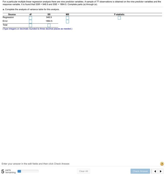 Solved For a particular multiple linear regression analysis | Chegg.com