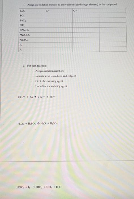 Solved 1. Assign an oxidation number to every element (cach | Chegg.com
