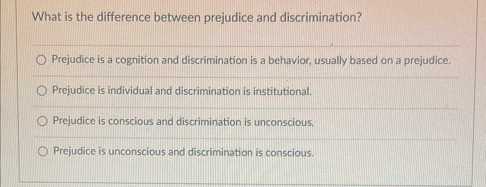 Solved What is the difference between prejudice and | Chegg.com