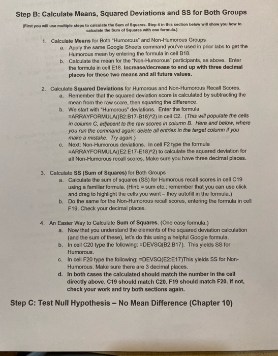 Step B: Calculate Means, Squared Deviations and SS | Chegg.com