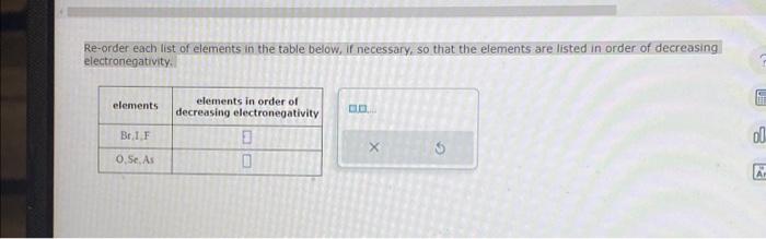 Solved Re-order each list of elements in the table below, if | Chegg.com