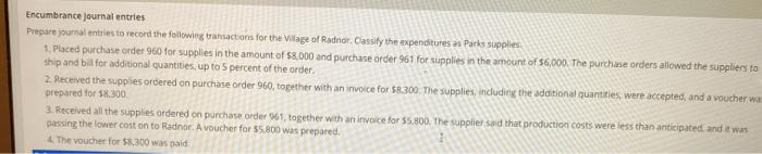 Solved Encumbrance journal entries Prepare journal entries | Chegg.com