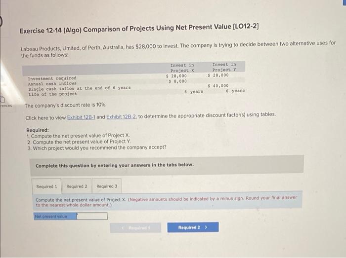 Solved Exercise 12-14 (Algo) Comparison of Projects Using | Chegg.com