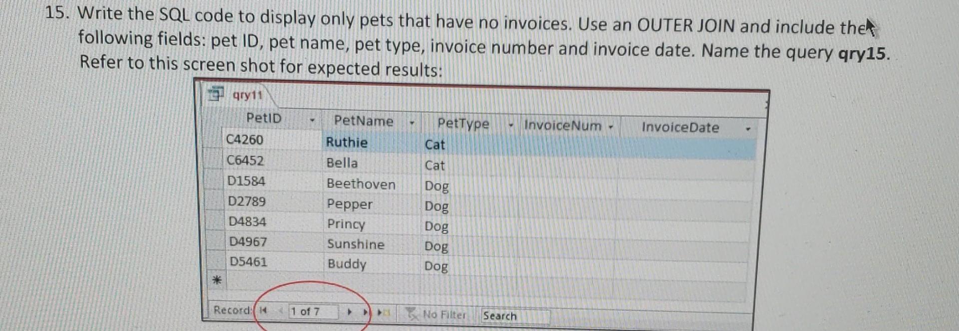 Solved 15. Write the SQL code to display only pets that have | Chegg.com