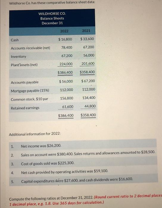 Solved Wildhorse Co. has these comparative balance sheet | Chegg.com