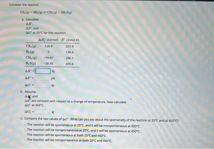 Solved Consider the reaction CS2(g)+4H2(g)⇌CH4(g)+2H2 S(g) | Chegg.com