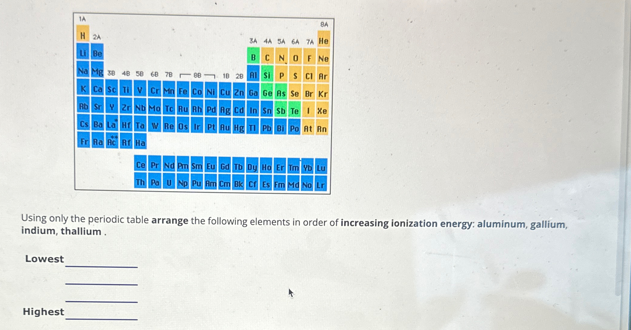 Solved Using only the periodic table arrange the following | Chegg.com