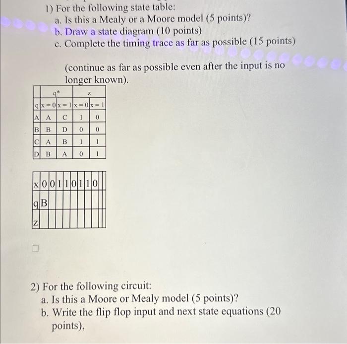 Solved 1) For the following state table: a. Is this a Mealy | Chegg.com