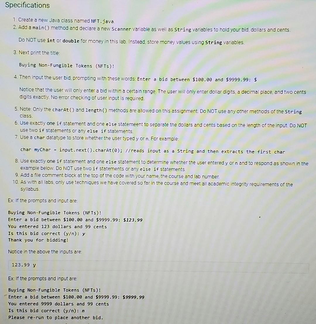 Solved Specifications 1. Create a new Java class named | Chegg.com