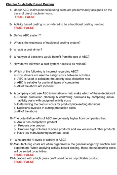 Solved Chapter 5 - Activity Based Costing 1- Under ABC, | Chegg.com
