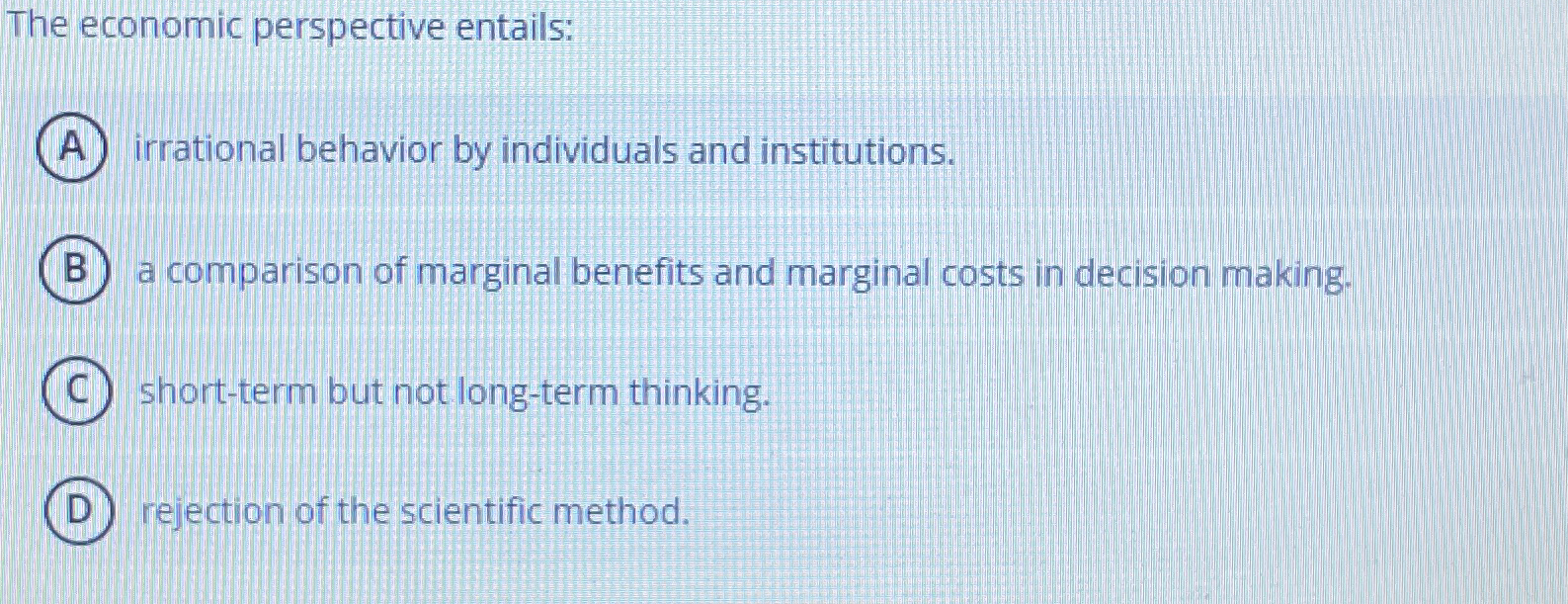 Solved The economic perspective entails:irrational behavior | Chegg.com