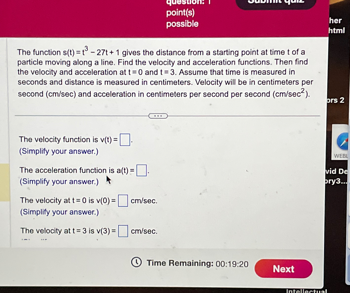 Solved The function s(t)=t3-27t+1 ﻿gives the distance from a | Chegg.com