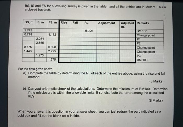 Solved BS, IS and FS for a levelling survey is given in the | Chegg.com
