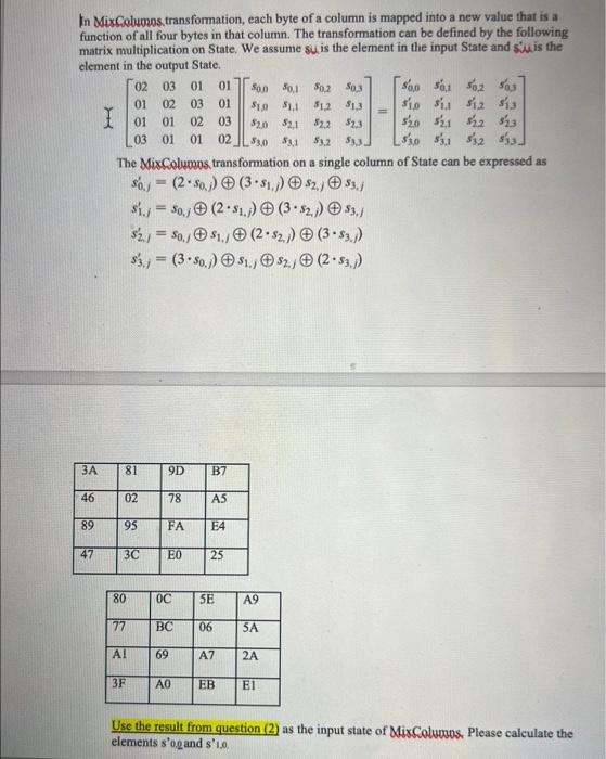 Solved In Mixcolumos, transformation, each byte of a column | Chegg.com