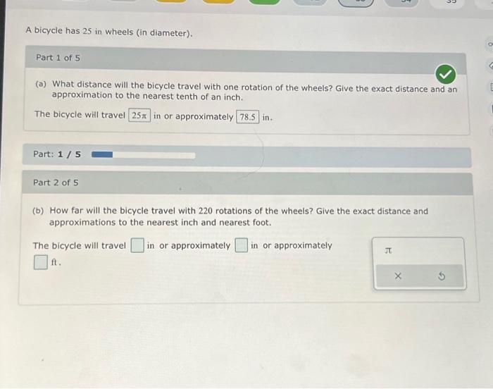 Solved A bicycle has 25 in wheels (in diameter). Part 1 of 5 | Chegg.com