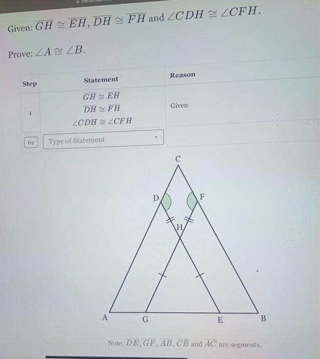 Solved Given: GH EH, DH FH and /CDHZCFH. Prove: ZA ZB. Step | Chegg.com