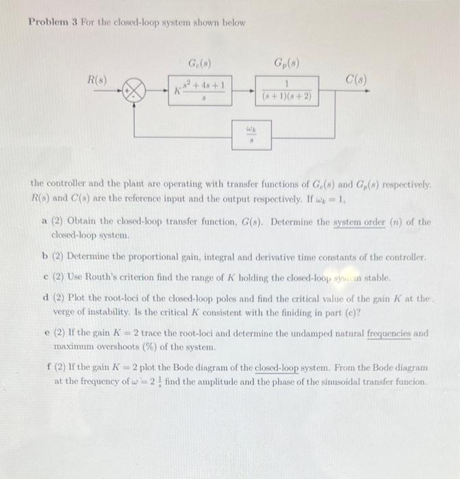 Solved Problem 3 For the closed-loop system shown below the | Chegg.com