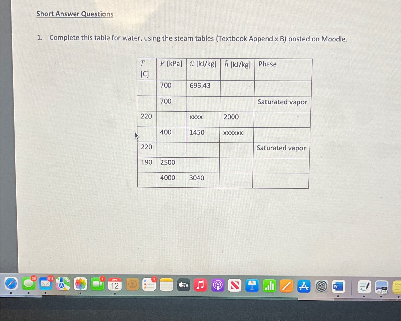 Solved Short Answer QuestionsComplete this table for water, | Chegg.com