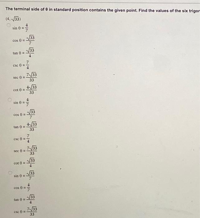 Solved The terminal side of θ in standard position contains | Chegg.com