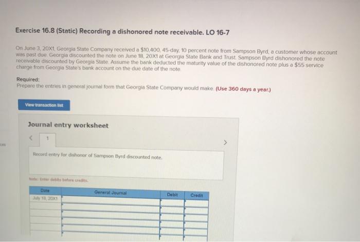Solved Exercise 16.8 (Static) Recording a dishonored note | Chegg.com