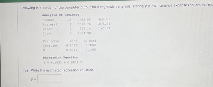 Solved Following is a portion of the computer output for a | Chegg.com