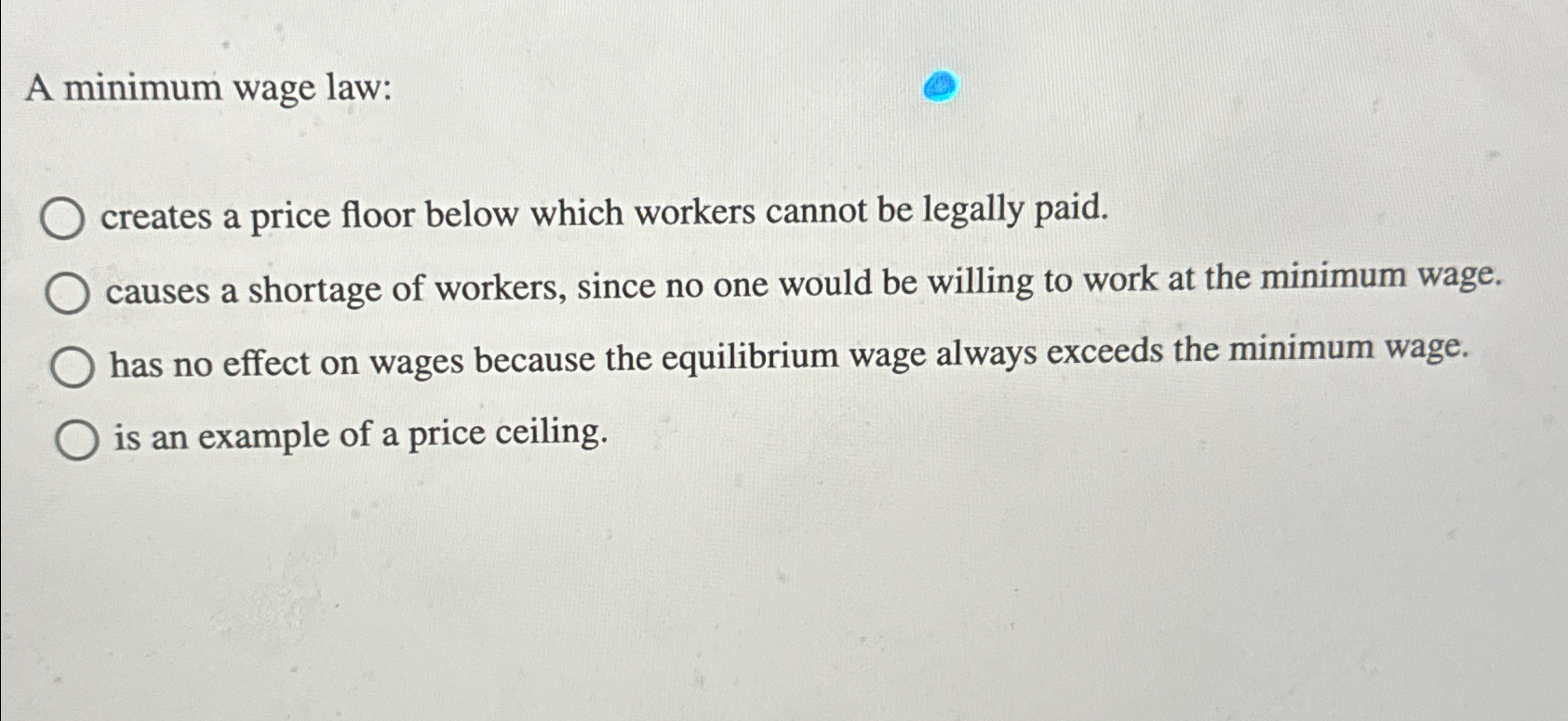 Solved A minimum wage law:creates a price floor below which | Chegg.com