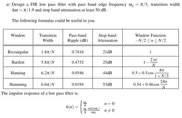Solved a) Design a FIR low pass filter with pass band edge | Chegg.com