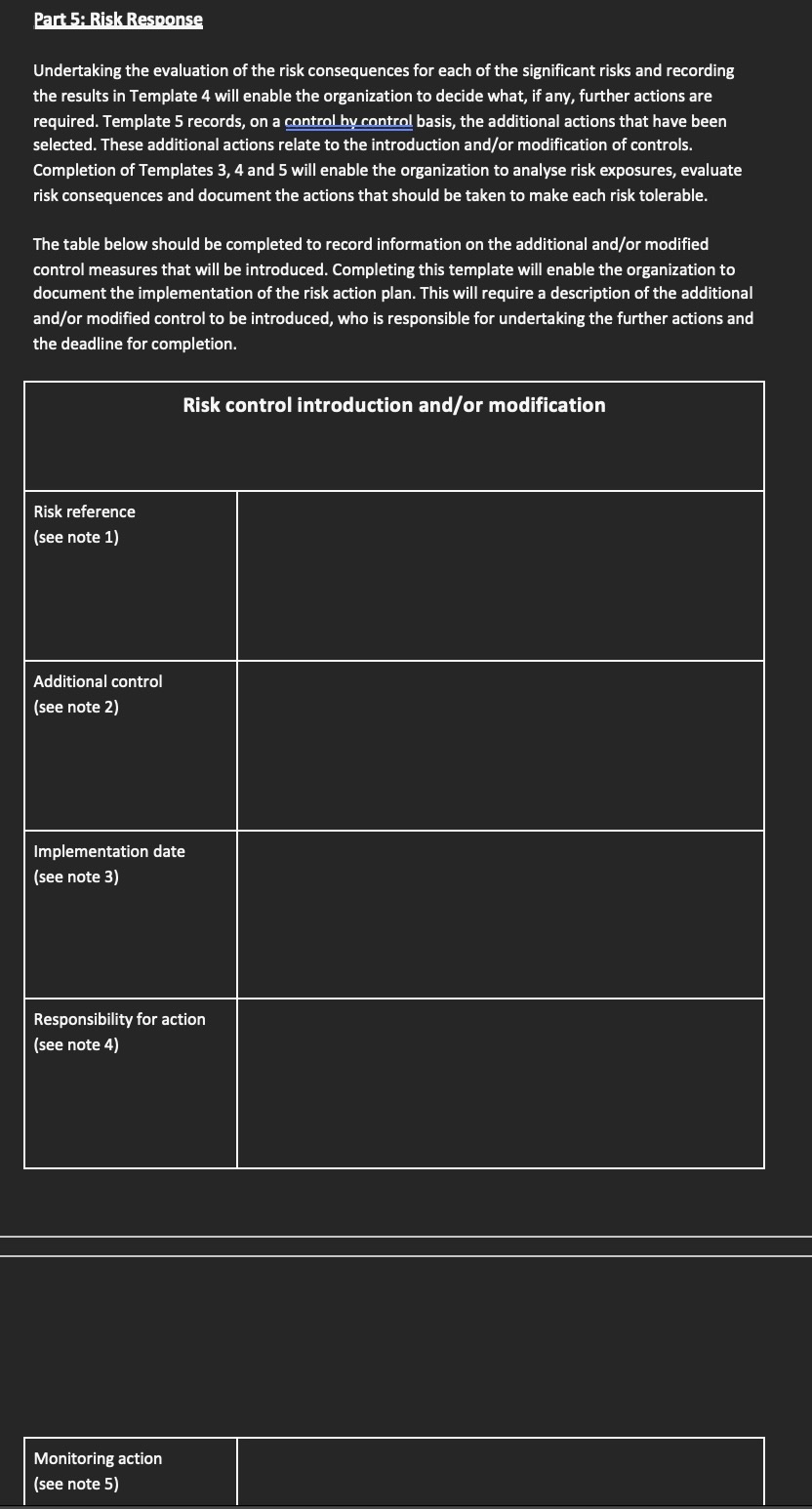 Solved Part 5: Risk ResponseUndertaking the evaluation of | Chegg.com