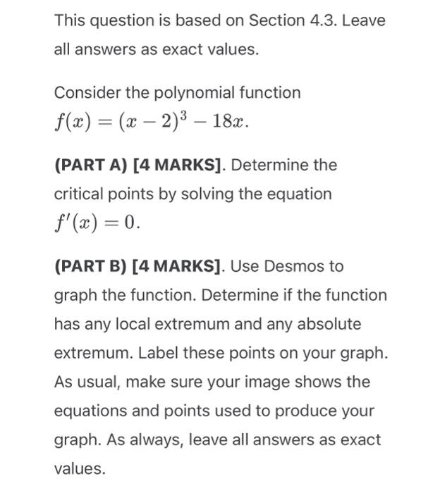 Solved f(x)=(x−2)3−18x (PART A) [4 MARKS]. Determine the | Chegg.com
