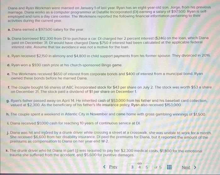 Diana and Ryan Workman were married on January 1 of | Chegg.com