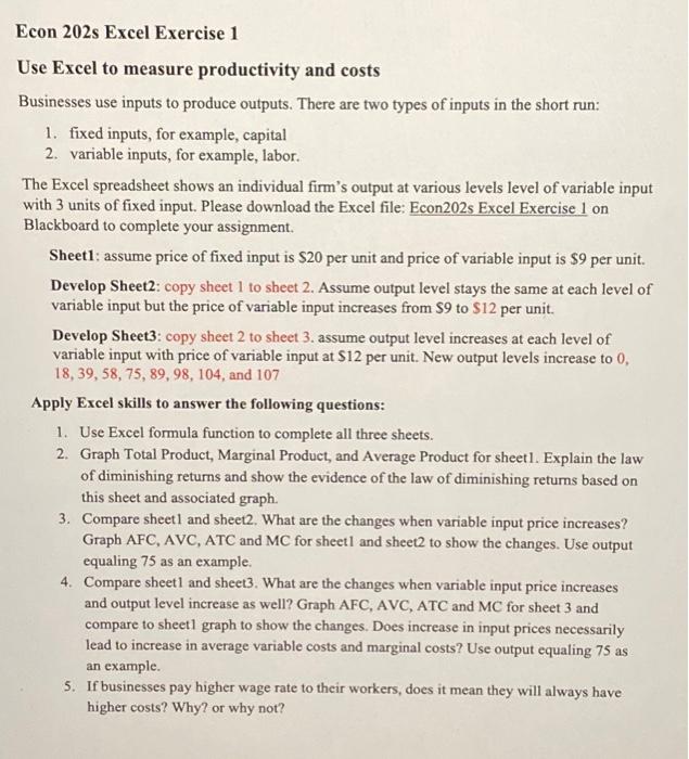 Solved Econ 202s Excel Exercise 1 Use Excel to measure | Chegg.com