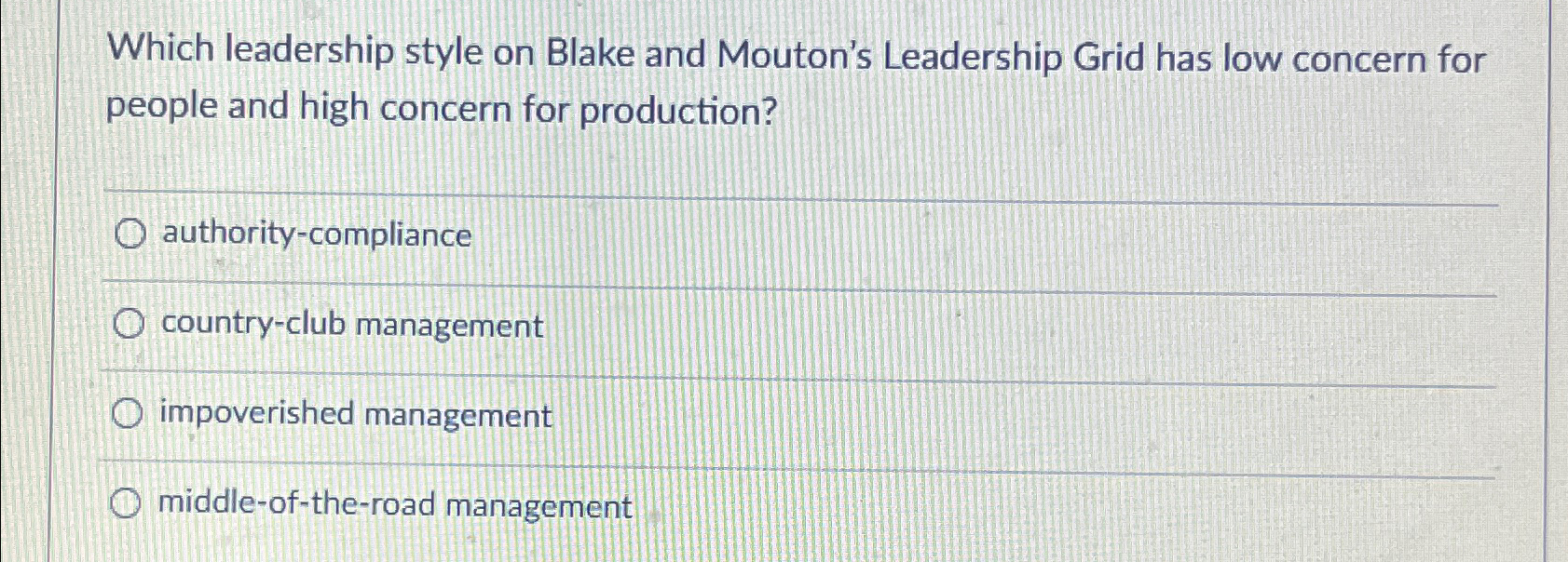 Solved Which leadership style on Blake and Mouton's | Chegg.com
