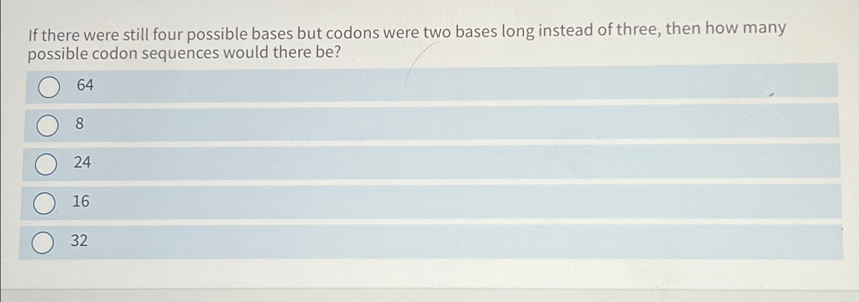 Solved If there were still four possible bases but codons | Chegg.com